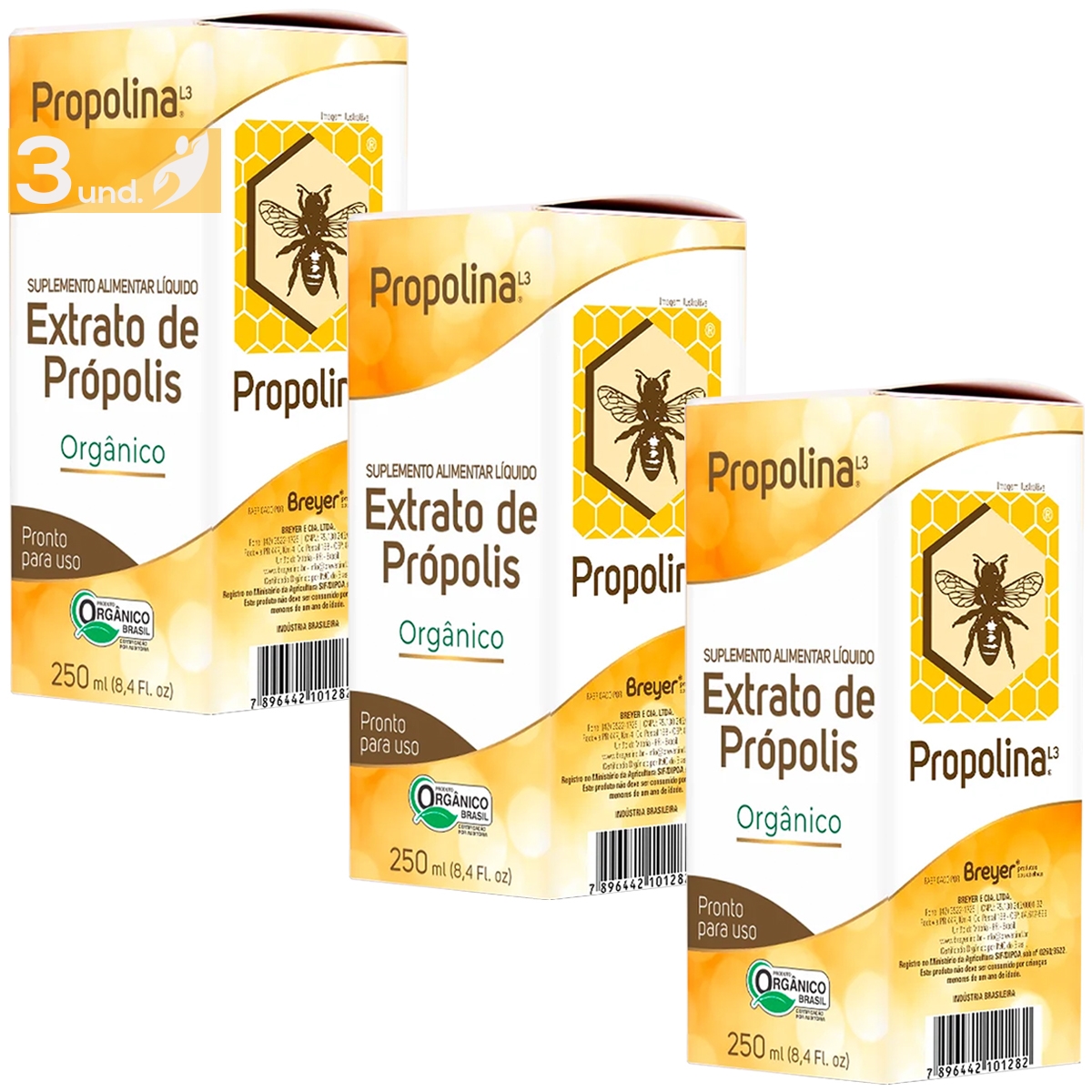 Kit 3 Propolina L3 Extrato de Própolis Diluído em Água Orgânico 250ml ...