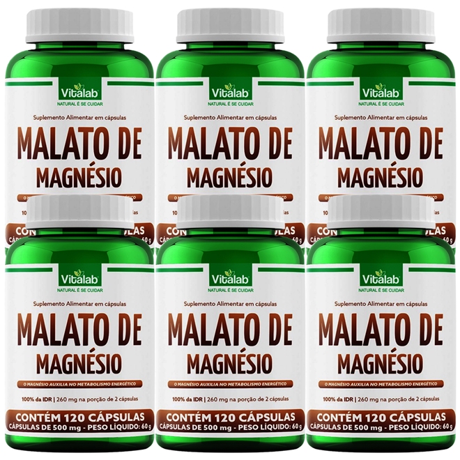 Kit 6 Malato de Magnésio Vitalab 500mg 120 Cápsulas - Kit 6 Malato de Magnésio Vitalab 500mg 120 ...
