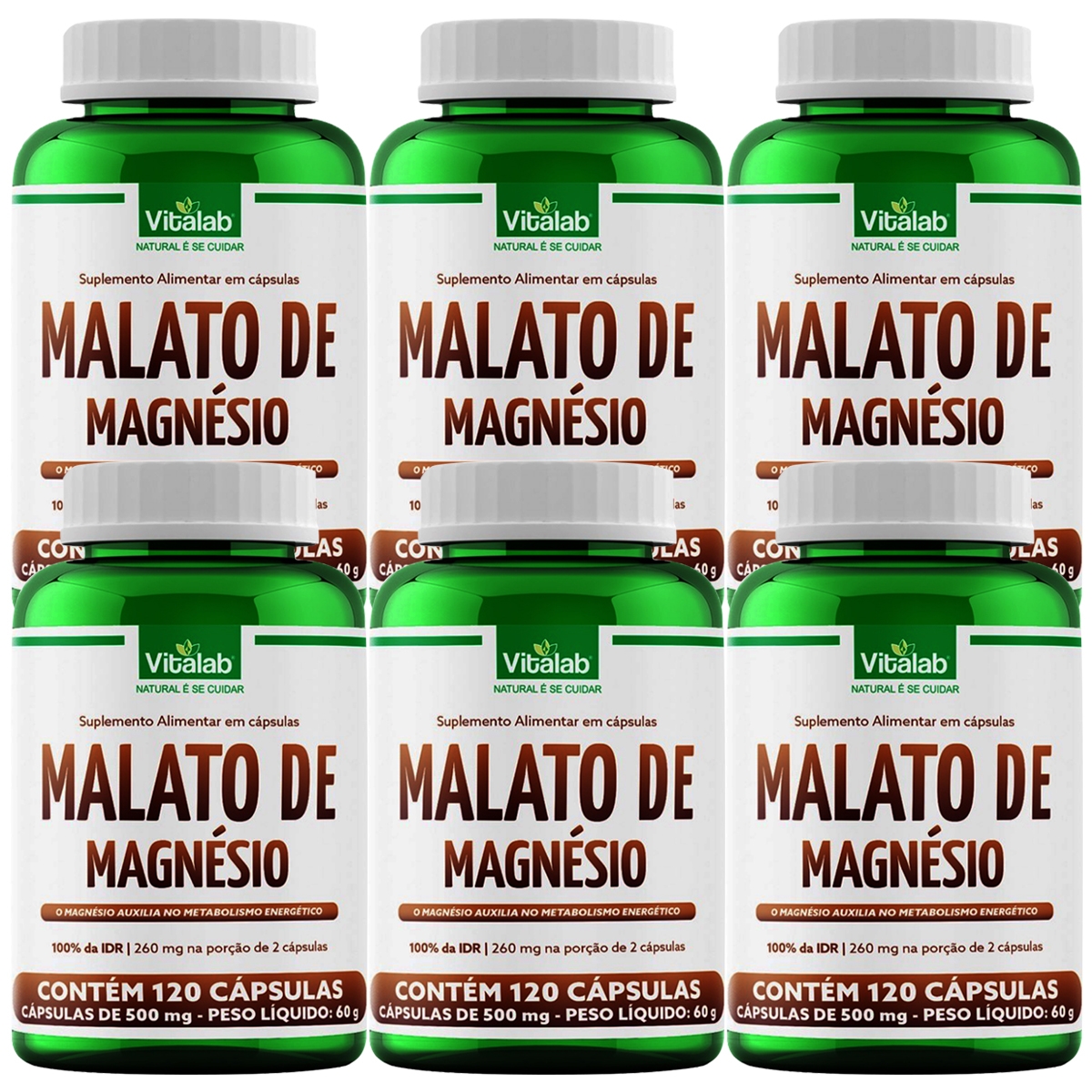 Kit 6 Malato de Magnésio Vitalab 500mg 120 Cápsulas - Kit 6 Malato de Magnésio Vitalab 500mg 120 ...