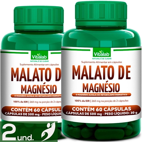 Kit 2 Malato de Magnésio Vitalab 500Mg 60 Cápsulas - Kit 2 Malato de Magnésio Vitalab 500Mg 60 ...