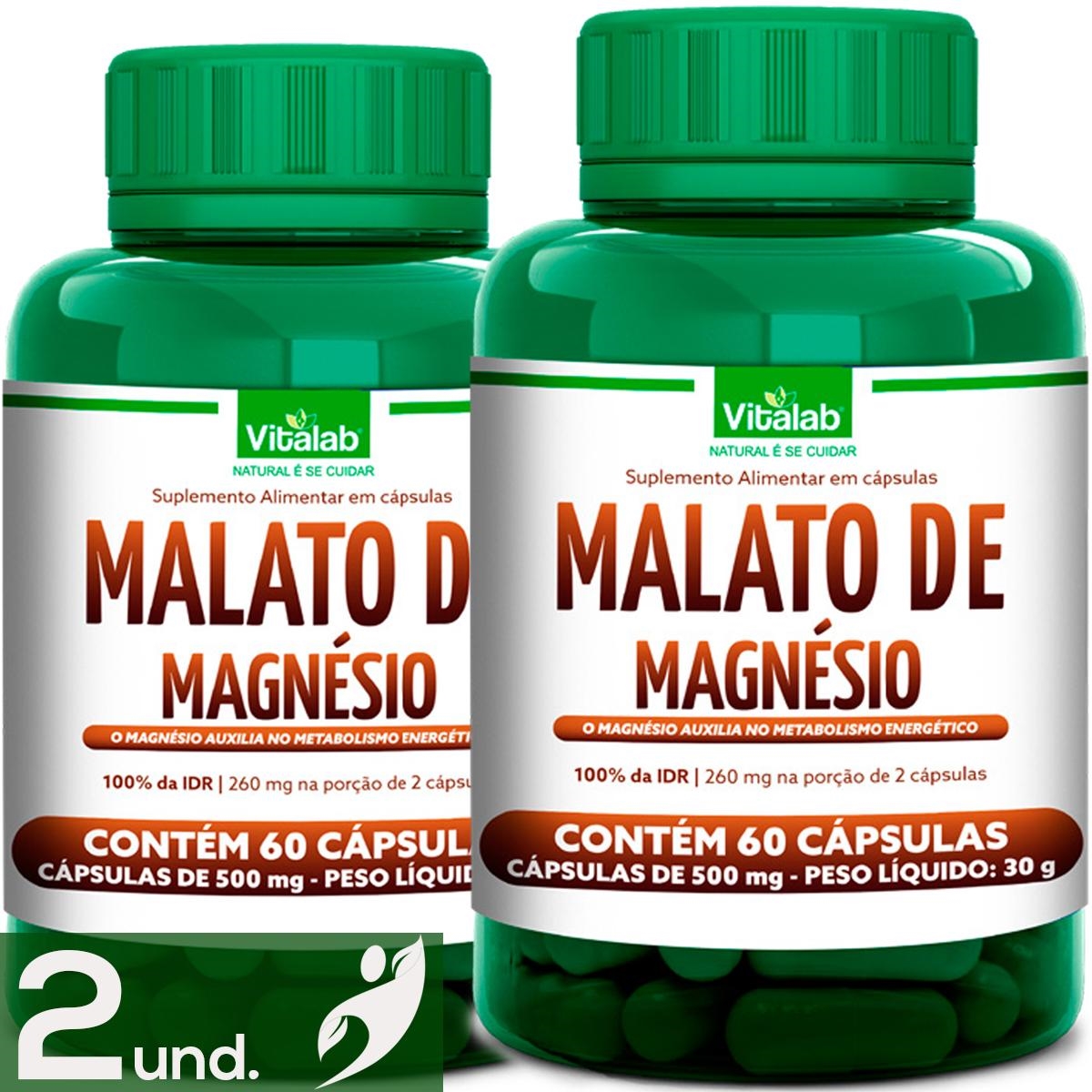 Kit 2 Malato de Magnésio Vitalab 500Mg 60 Cápsulas - Kit 2 Malato de Magnésio Vitalab 500Mg 60 ...