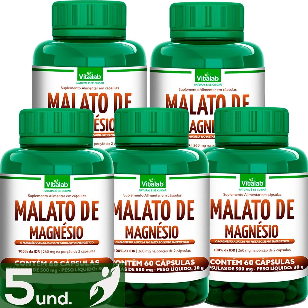 Kit 5 Malato de Magnésio Vitalab 500Mg 60 Cápsulas - Kit 5 Malato de Magnésio Vitalab 500Mg 60 ...