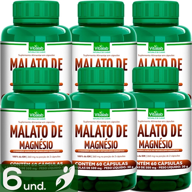 Kit 6 Malato de Magnésio Vitalab 500Mg 60 Cápsulas - Kit 6 Malato de Magnésio Vitalab 500Mg 60 ...