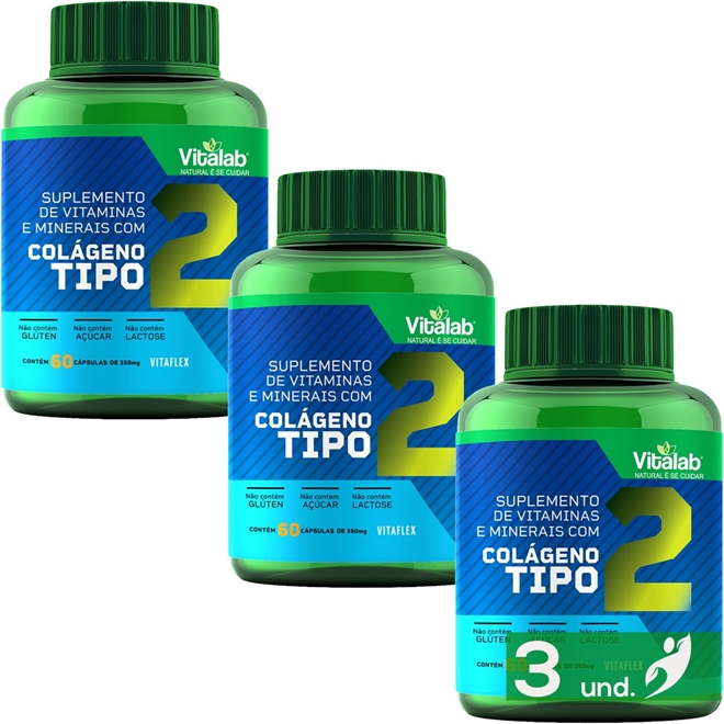 Kit 3 Colágeno Tipo 2 Vitaflex 350mg Vitalab 60 Cápsulas - Kit 3 Colágeno Tipo 2 Vitaflex 350mg ...