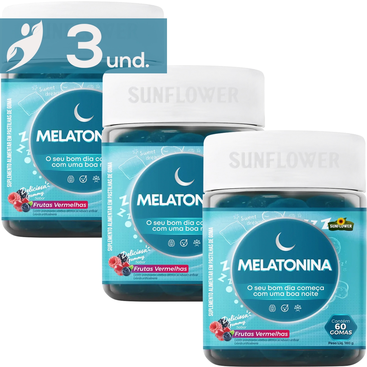 Kit 3 Sunflower Sabor Frutas Vermelhas 60 Gomas - Kit 3 Melatonina ...