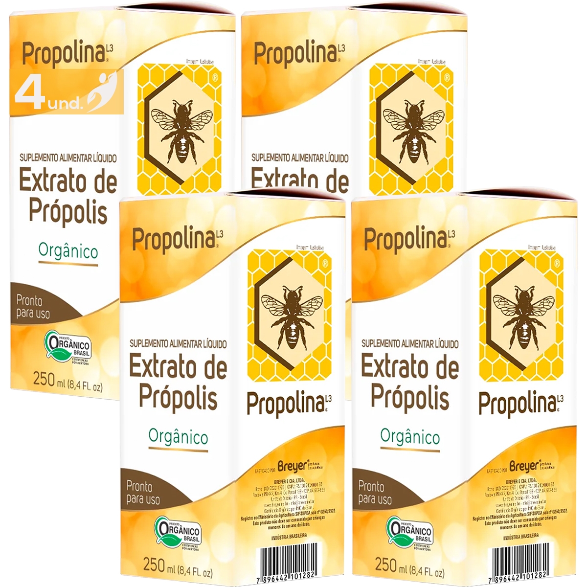 Kit 4 Propolina L3 Extrato de Própolis Diluído em Água Orgânico 250ml ...